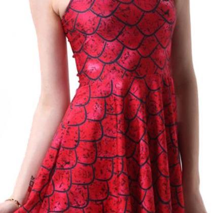 Design 3053 - Red Dragon Scale Sleeveless Above Knee Pleated Mini Dress ...