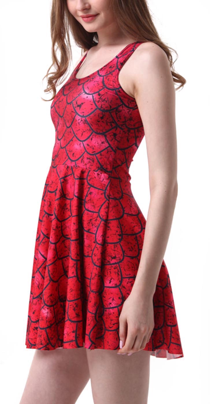 Design 3053 - Red Dragon Scale Sleeveless Above Knee Pleated Mini Dress ...