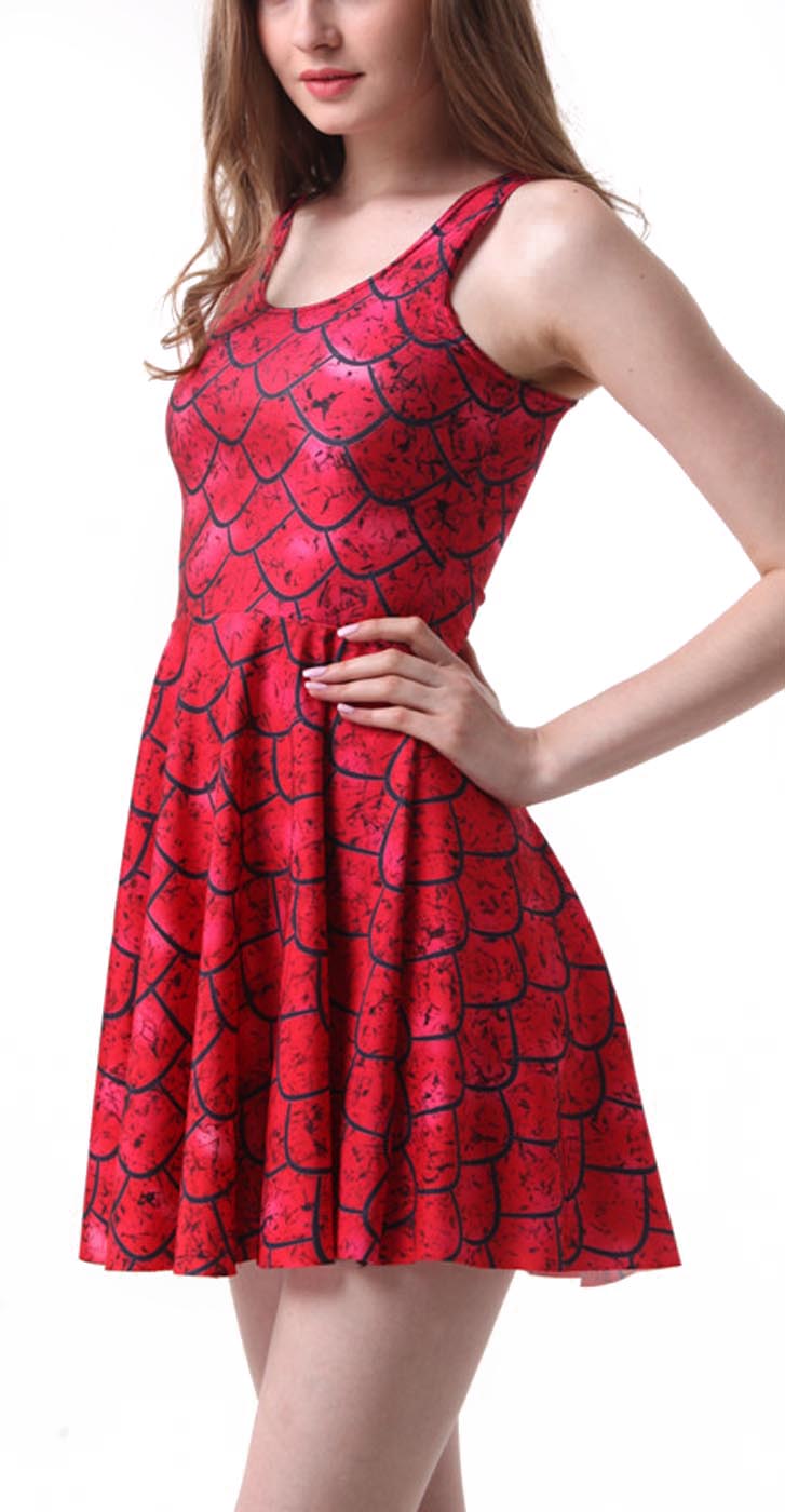 Design 3053 - Red Dragon Scale Sleeveless Above Knee Pleated Mini Dress ...