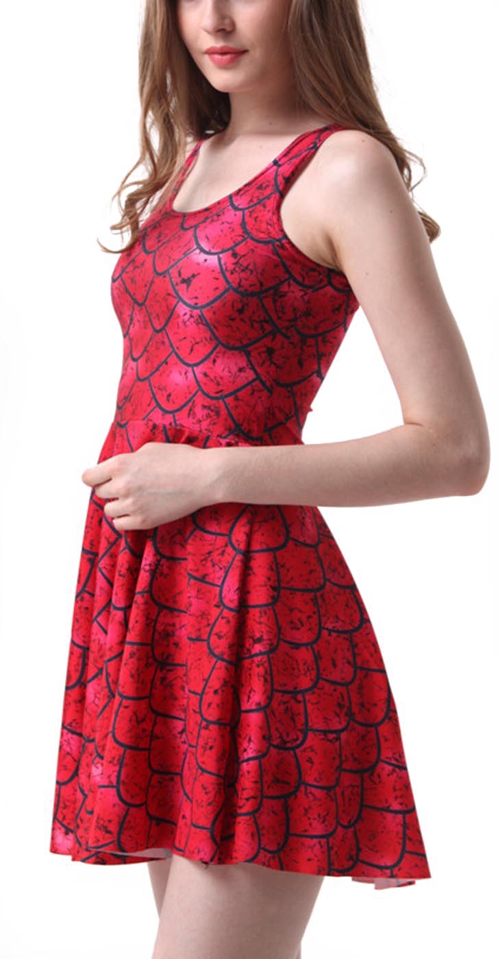 Design 3053 - Red Dragon Scale Sleeveless Above Knee Pleated Mini Dress ...